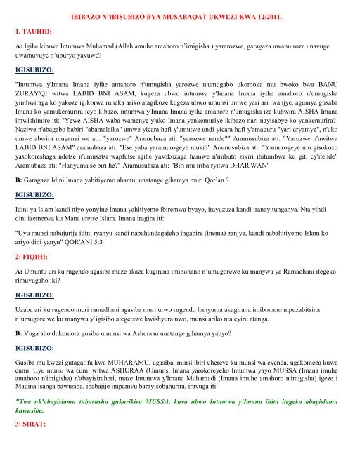 Ibibazo n'Ibisubizo ukwezi 12. - Ijwi Rya Islam Mu Rwanda