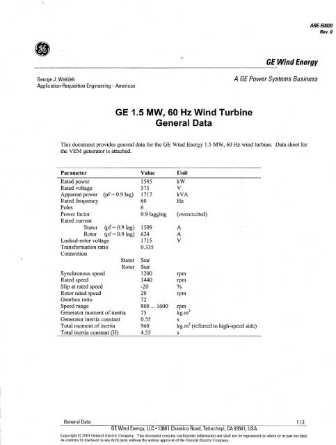 GE 1.5 MW, 60 Hz Wind Turbine General Data