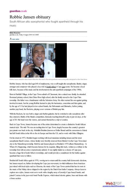 Robbie Jansen obituary | Music | The Guardian - Lloyd Hill Online