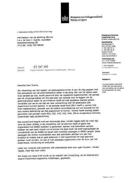 Brief VWS bevestiging deelname Experiment Regelarm - In voor zorg!