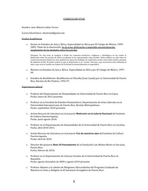 CURRICULUM VITAE Nombre: José Alberto Cabán Torres ofunirete ...