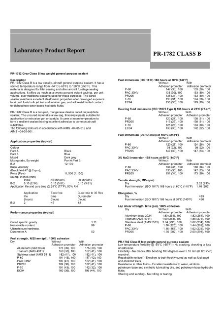 PR-1782 CLASS B Laboratory Product Report