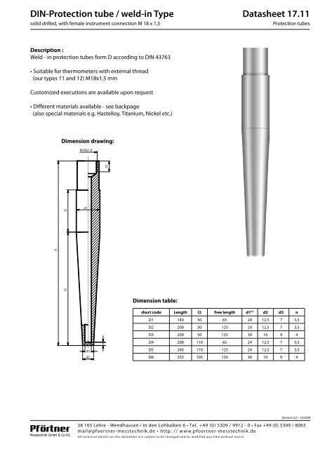 DIN-Protection tube / weld-in Type Datasheet 17.11