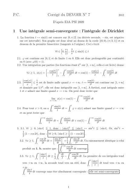 P.C. Corrigé du DEVOIR N 7 1 Une intégrale semi-convergente : l ...