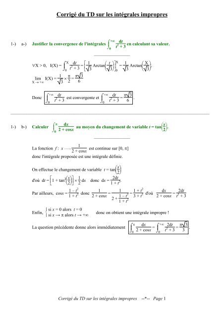 Corrigé du TD sur les intégrales impropres
