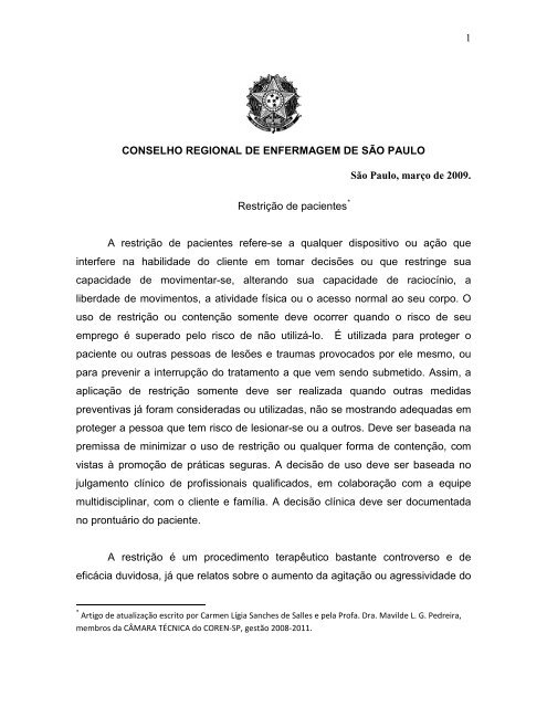 Restrição de pacientes - coren-sp Restrição de pacientes - coren-sp