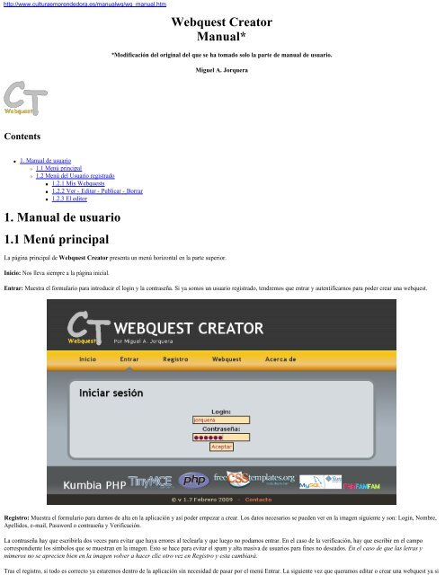 Webquest Creator Manual* 1. Manual de usuario 1.1 Menú principal