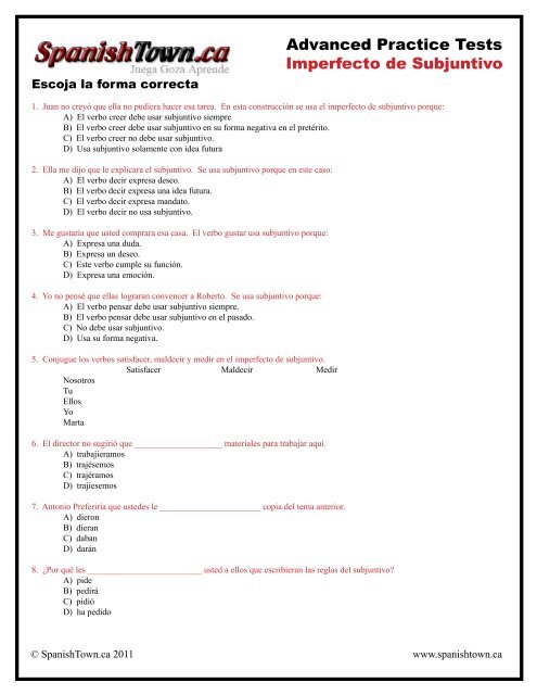 Imperfecto de subjuntivo test - SpanishTown