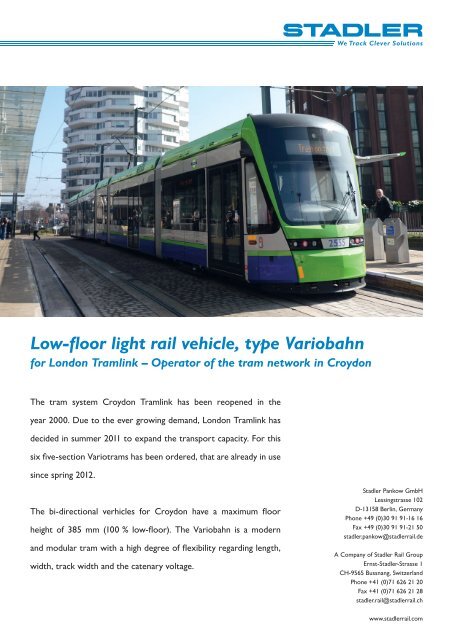 Low-floor light rail vehicle, type Variobahn for London ... - Stadler