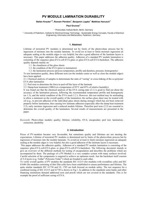 PV MODULE LAMINATION DURABILITY - PI-Berlin