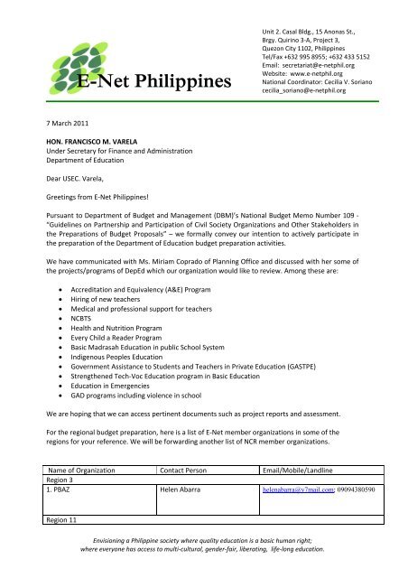 Letter to Usec. Francisco Valera - E-NET Philippines