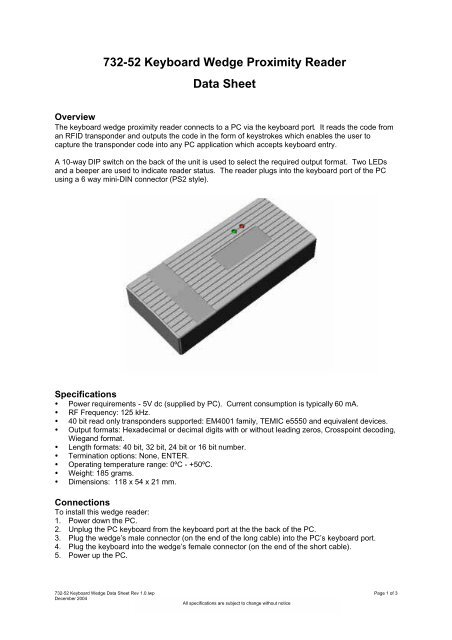 732-52 Keyboard Wedge Proximity Reader Data Sheet