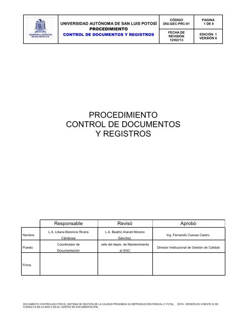 procedimiento control de documentos y registros - Universidad ...