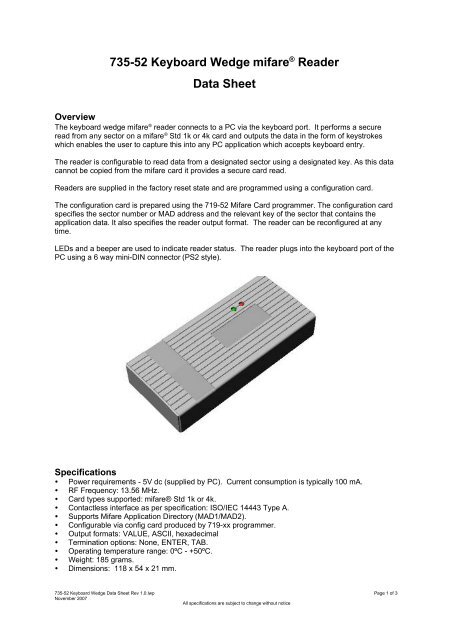 735-52 Keyboard Wedge Mifare Reader Data Sheet