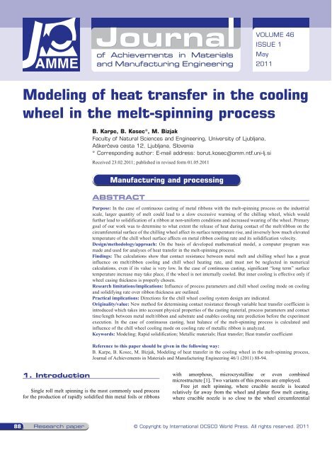 Modeling of heat transfer in the cooling wheel in the melt-spinning ...