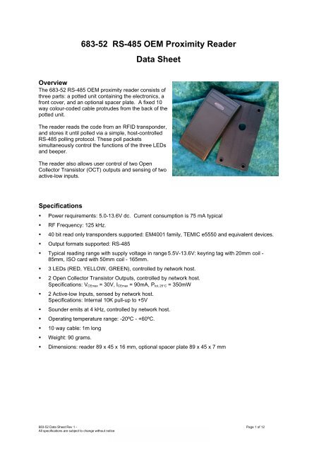 683-52 RS-485 OEM Proximity Reader Data Sheet