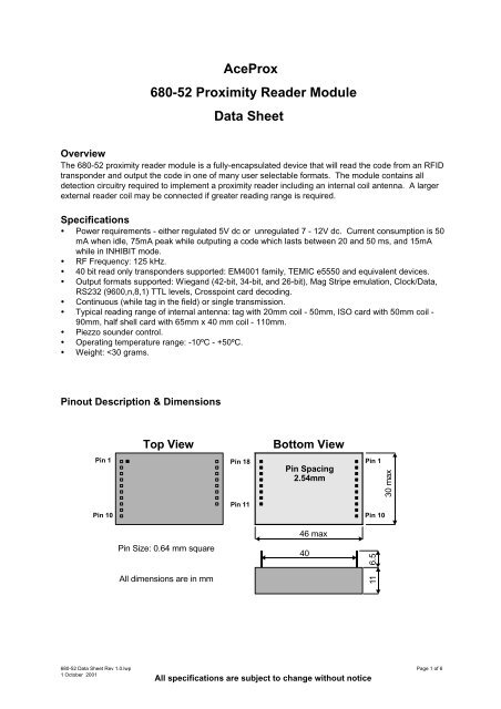 AceProx 680-52 Proximity Reader Module Data Sheet