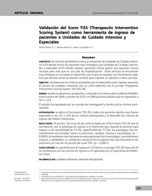 Validación del Score TISS - Asociación Colombiana de Medicina ...