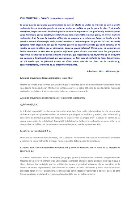 JOHN STUART MILL - EXAMEN (respuestas en esquema) La única ...
