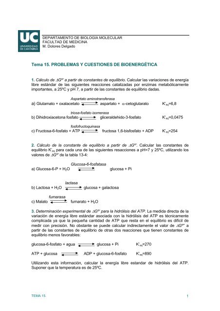 Tema 15. PROBLEMAS Y CUESTIONES DE BIOENERGÉTICA Tema 15. PROBLEMAS Y CUESTIONES DE BIOENERGÉTICA