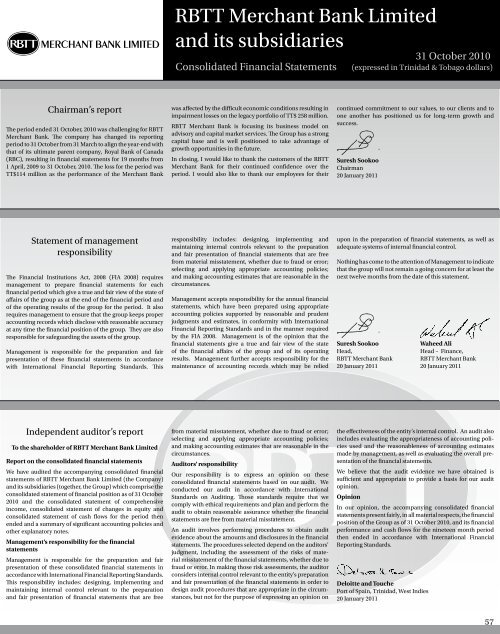 RBTT Merchant Bank Limited and its subsidiaries - RBTT Bank