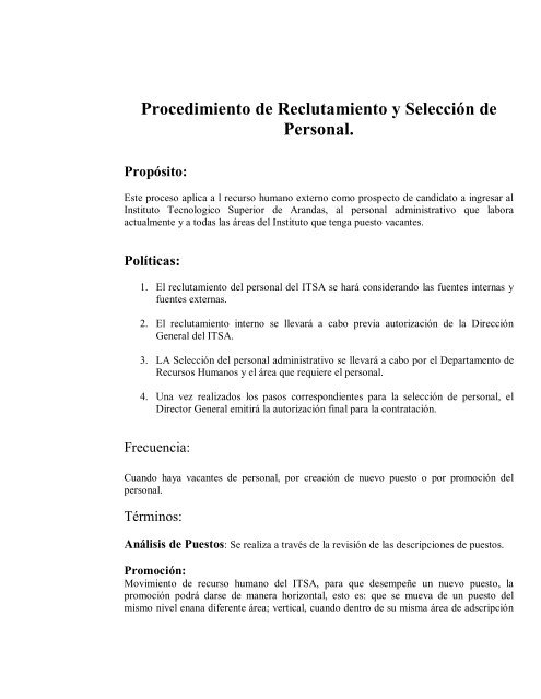 Procedimiento de Reclutamiento y Selección de Personal. - Instituto ...