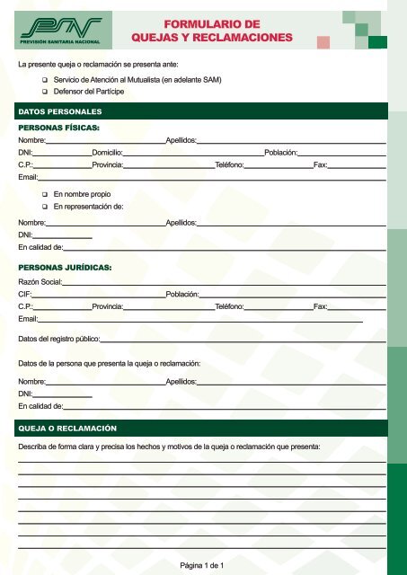 formulario de quejas y reclamaciones - Previsión Sanitaria Nacional