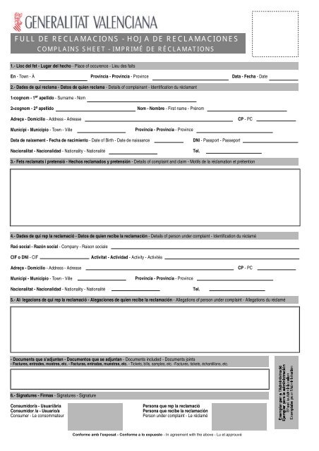 FULL DE RECLAMACIONS - HOJA DE RECLAMACIONES - Sorea