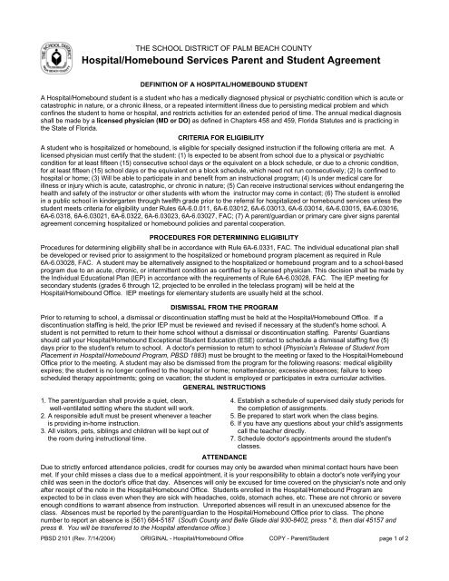 Hospital/Homebound Services Parent and Student Agreement