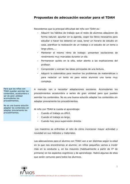 Propuestas de adecuación escolar para el TDAH - FAROS Sant ... Propuestas de adecuación escolar para el TDAH - FAROS Sant ...