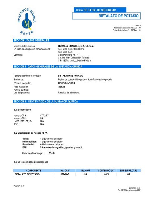 BIFTALATO DE POTASIO C.S - Reactivos Meyer