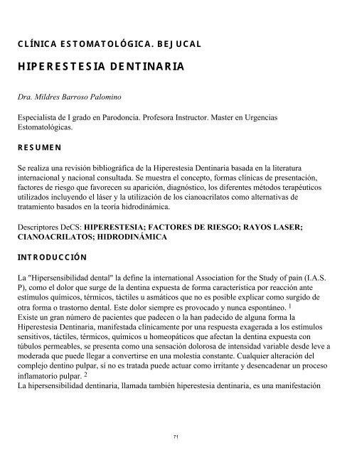 HIPERESTESIA DENTINARIA - Infomed