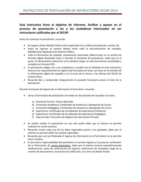 INSTRUCTIVO DE POSTULACIÓN DE INSTRUCTORES SECAP 2013