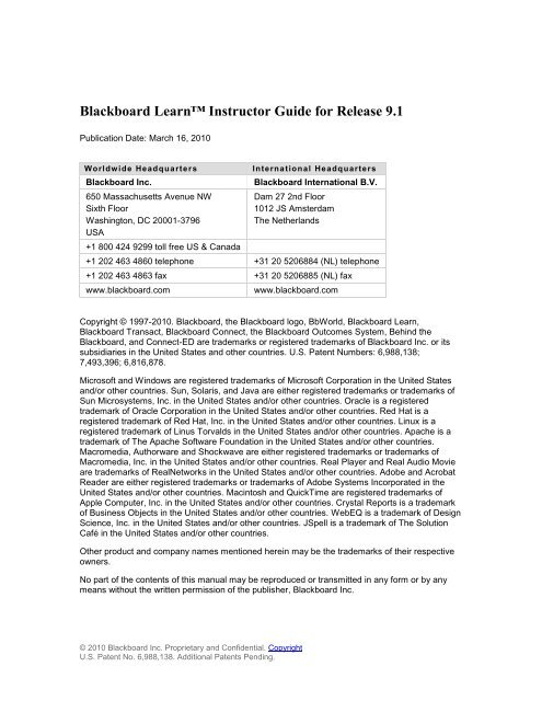 Blackboard Learn™ Instructor Guide for Release 9.1