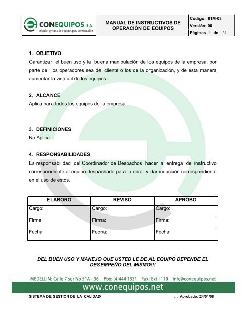 MANUAL DE INSTRUCTIVOS DE OPERACIÒN ... - Conequipos SA