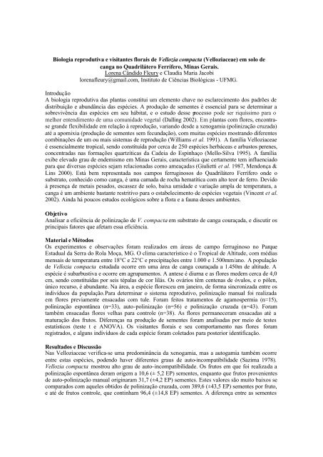 Biologia reprodutiva e visitantes florais de Vellozia compacta ...