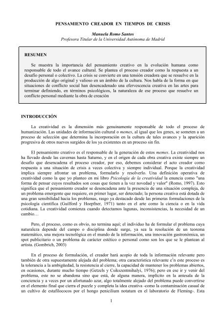 PENSAMIENTO CREADOR EN TIEMPOS DE CRISIS Manuela Romo