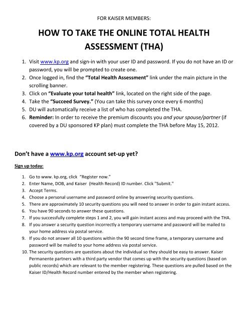HOW TO TAKE THE ONLINE TOTAL HEALTH ASSESSMENT (THA)
