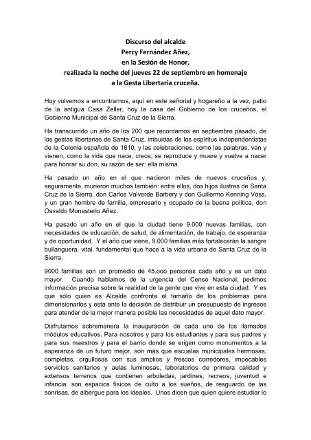 Discurso del alcalde Percy Fernández Añez, en la Sesión de Honor ...
