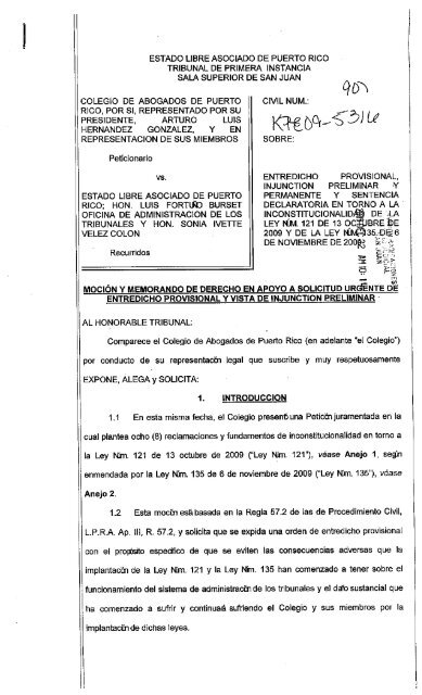 Moción y memorando de derecho en apoyo a solicitud - Colegio de ...