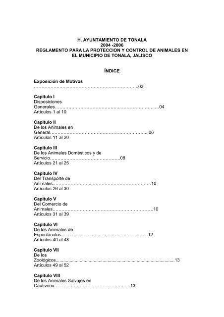 Reglamento para la Protección y Control de Animales - Tonalá