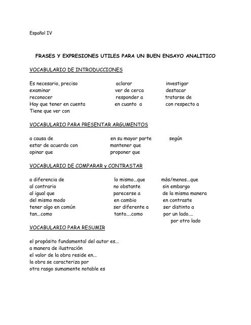 Vocabulario para escribir un buen ensayo - Baldwin School Vocabulario para escribir un buen ensayo - Baldwin School