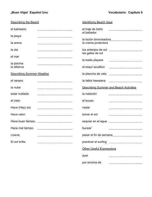 ¡Buen Viaje! Español Uno Vocabulario: Capítulo 9 Describing the ...