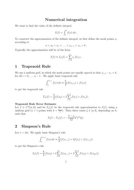 Numerical integration 1 Trapezoid Rule 2 Simpson's Rule Numerical integration 1 Trapezoid Rule 2 Simpson's Rule