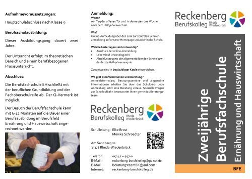 Zweijährige Berufsfachschule für Ernährung und Hauswirtschaft Zweijährige Berufsfachschule für Ernährung und Hauswirtschaft