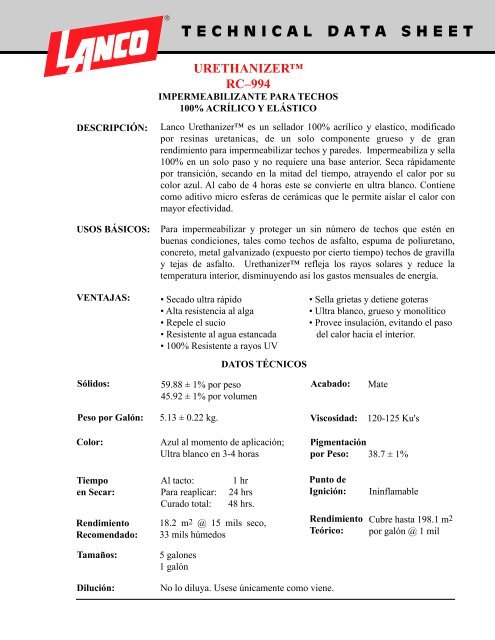 URETHANIZER™ RC–994 - Lanco Paints