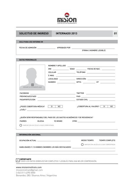 INTERNADO 2013 SOLICITUD DE INGRESO 01 - MiSion Instituto