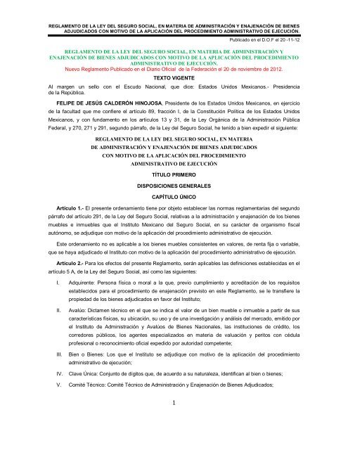 REGLAMENTO DE LA LEY DEL SEGURO SOCIAL, EN ... - IMSS