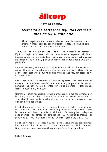 Mercado de refrescos líquidos crecería más de 50% este año - Alicorp