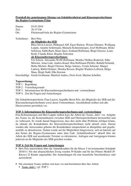 Protokoll SEB+KES 03.03.2010 - Regino Gymnasium Prüm